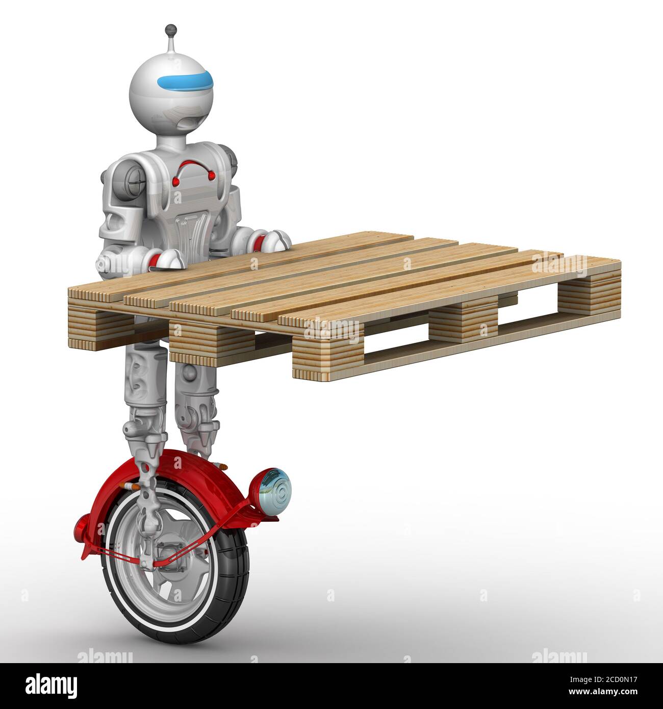 Cyborg on unicycle holds a pallet. Humanoid robot on unicycle standing ...