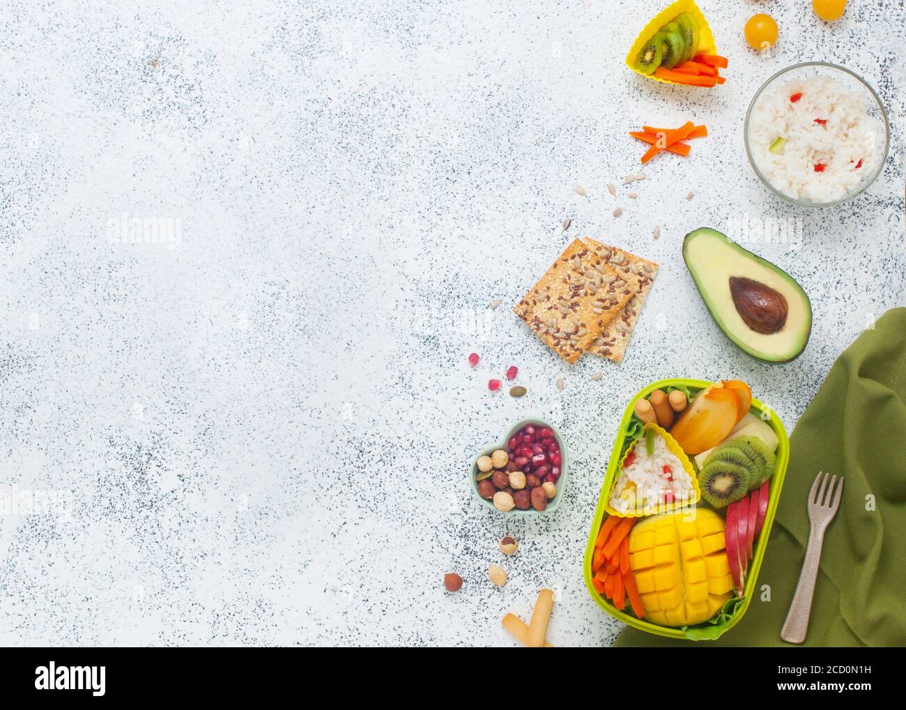 Healthy food concept: Close up of open lunch box with rice, fresh ...