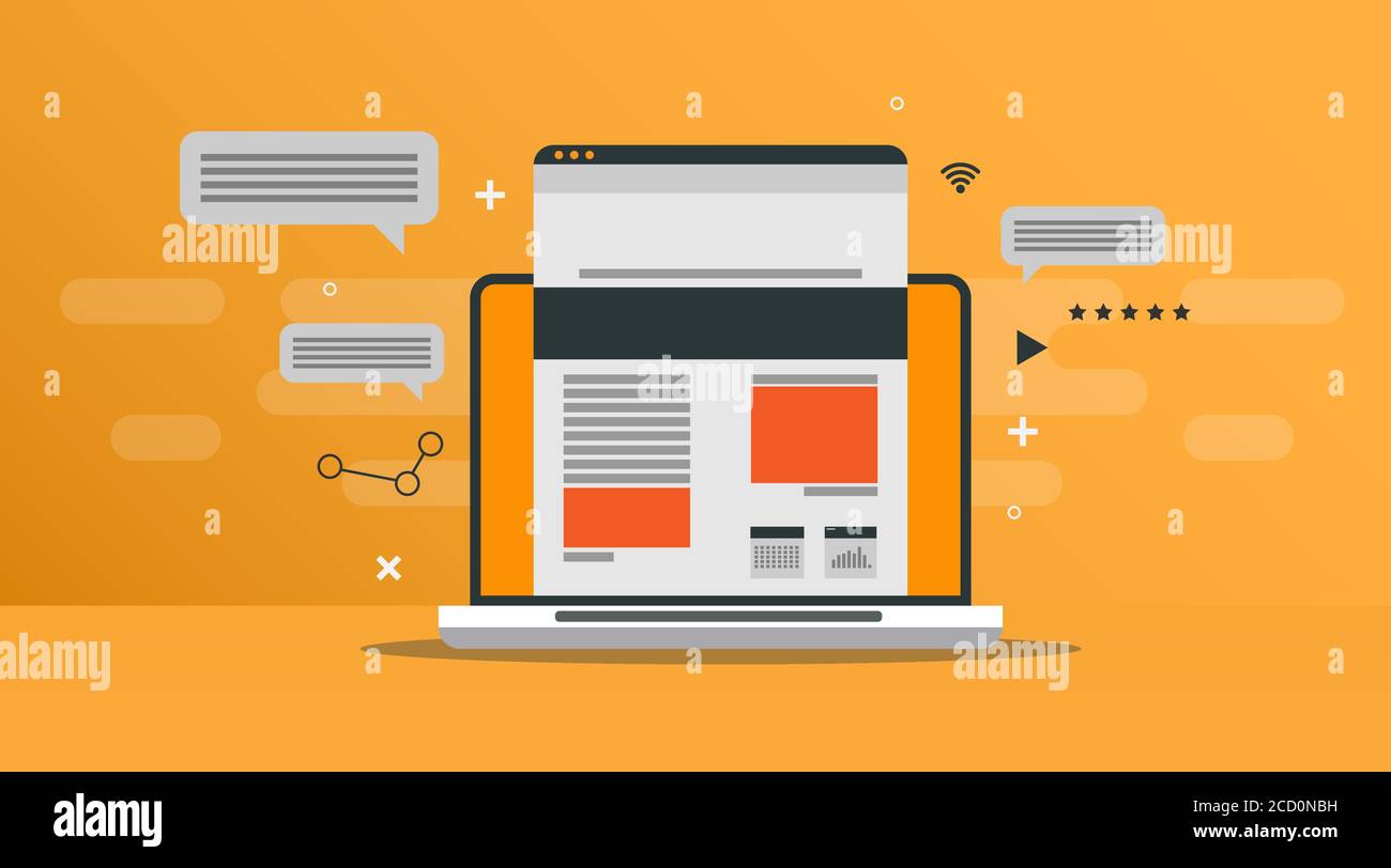 Online Communication Scheme With Laptop And Icons, Orange Background ...