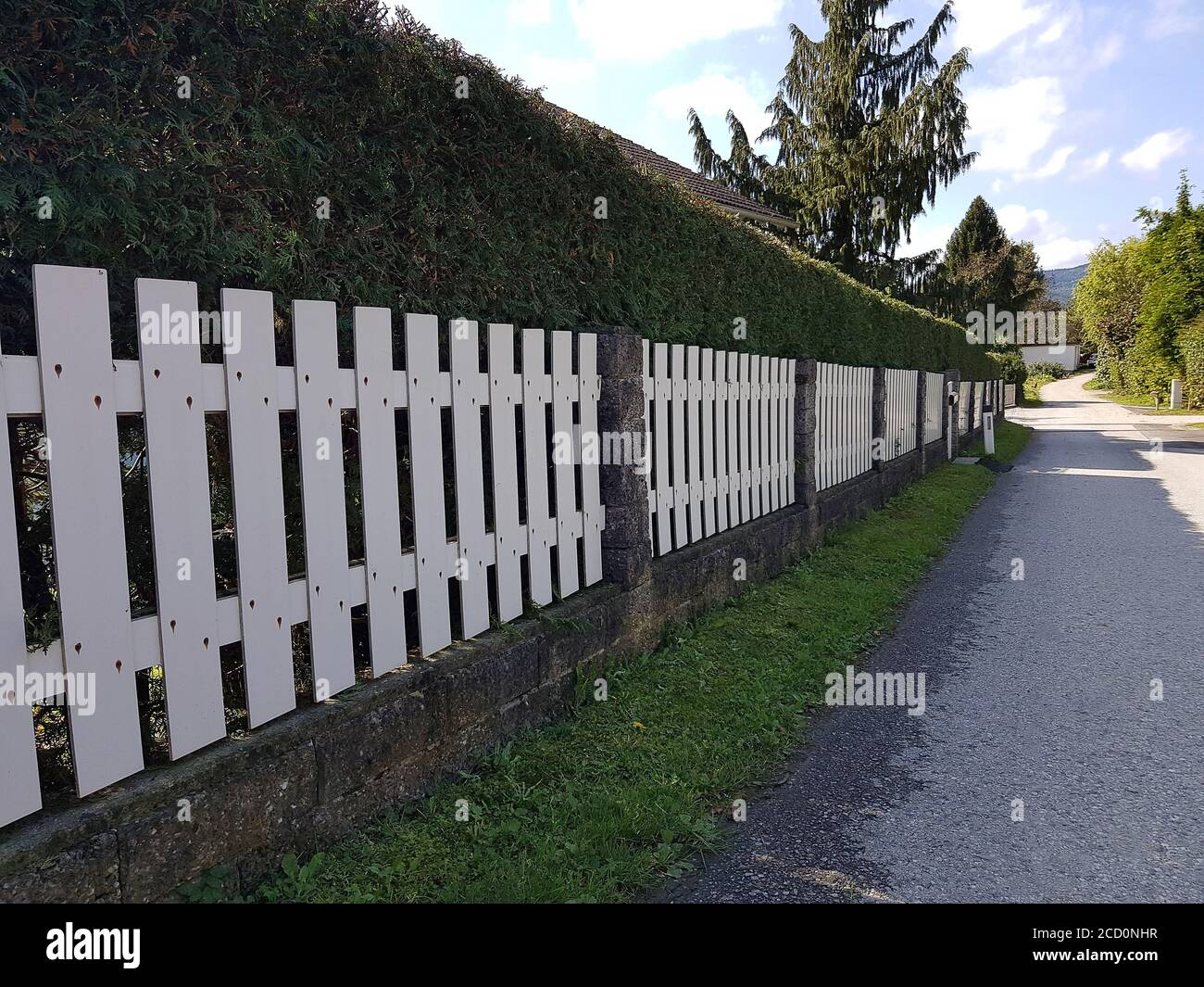 County style white wooden fence with hedge on the outside of the ...
