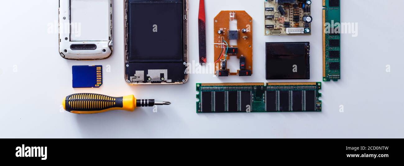 Top view of smartphone components isolate on white background with ...