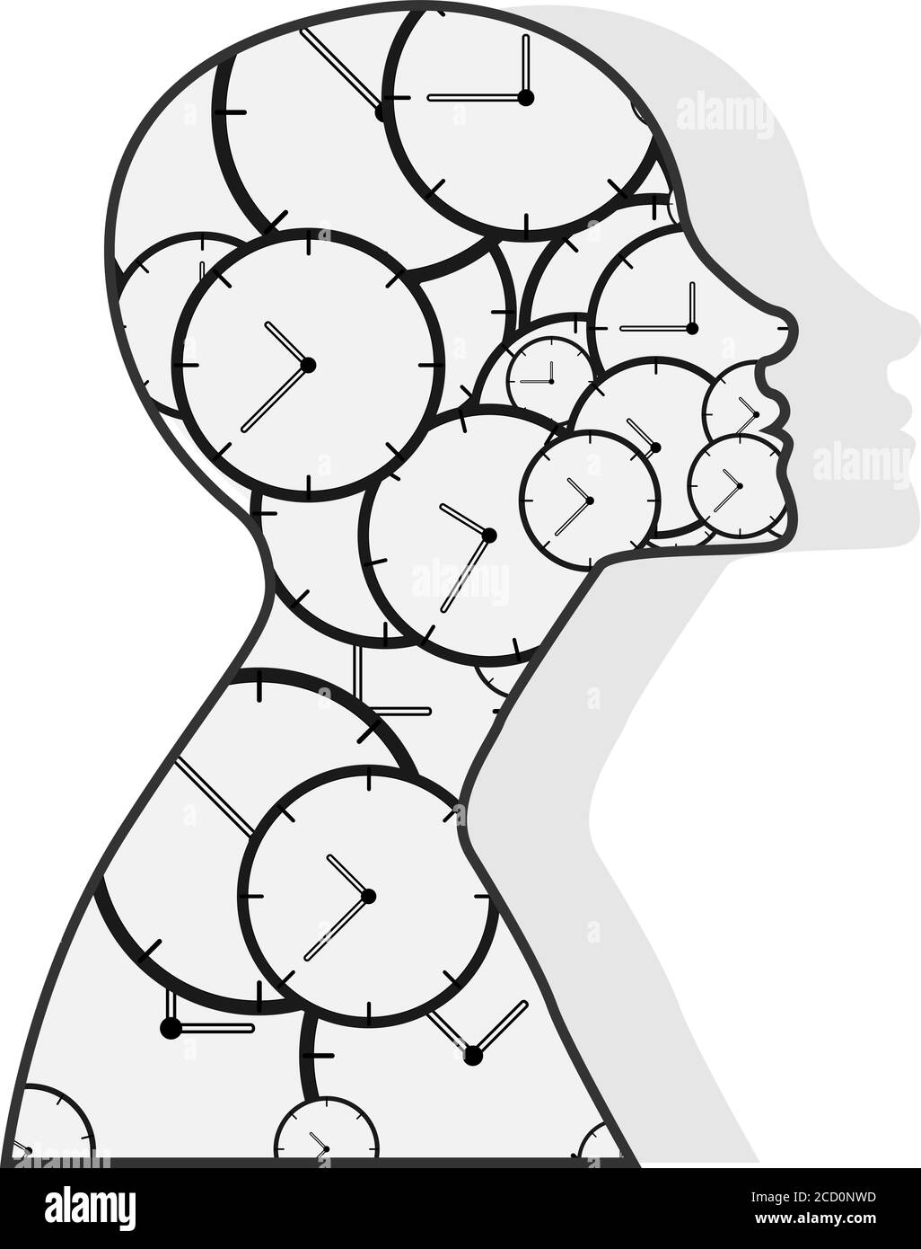 Female Portrait Made Of Clocks Over White Background, Illustration ...