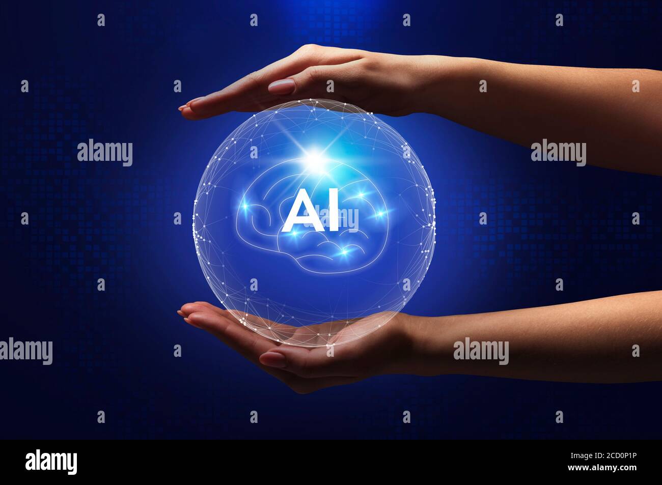 Hands holding sphere with AI inscription inside Stock Photo - Alamy