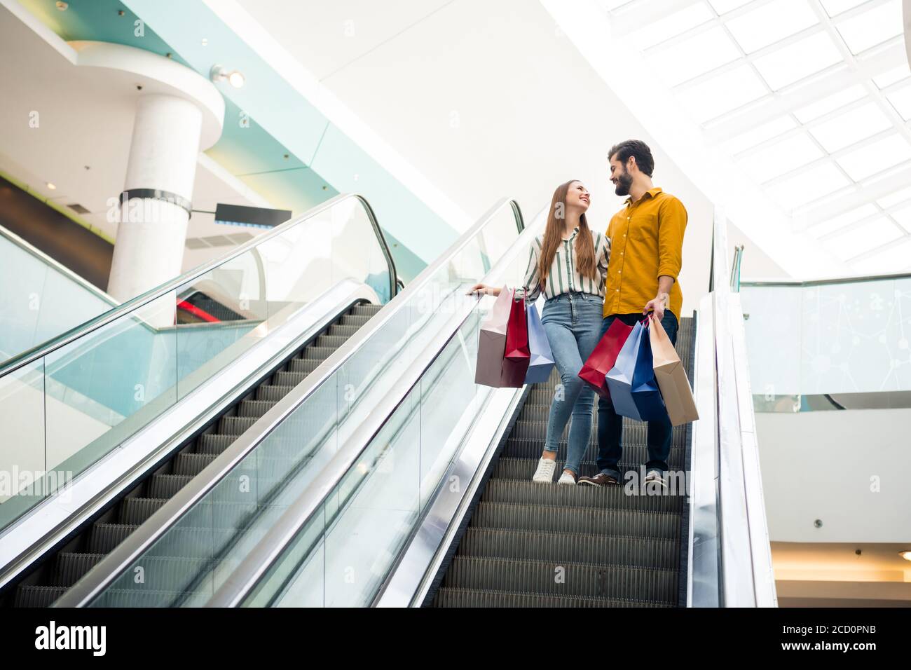 Full length body size rear back behind view of nice attractive cheerful ...