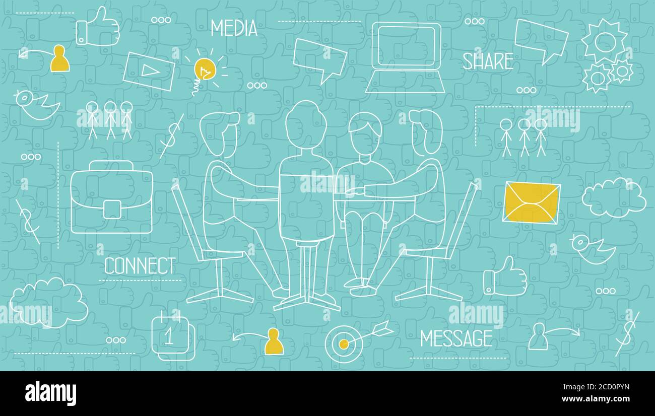 Young People Networking Using Social Media On Blue Background ...