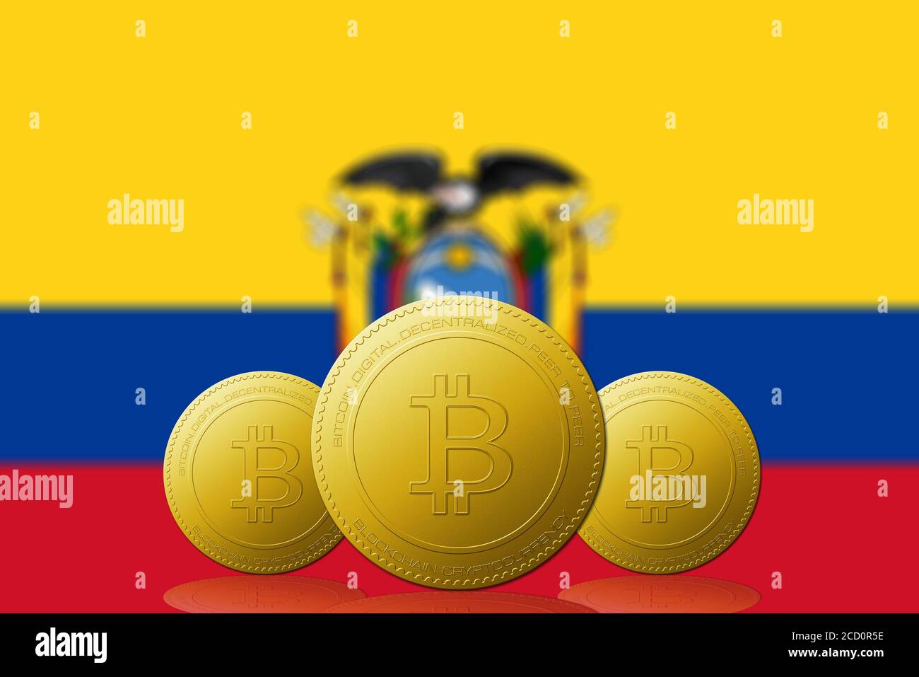Three Bitcoins cryptocurrency with ECUADOR flag on background Stock ...