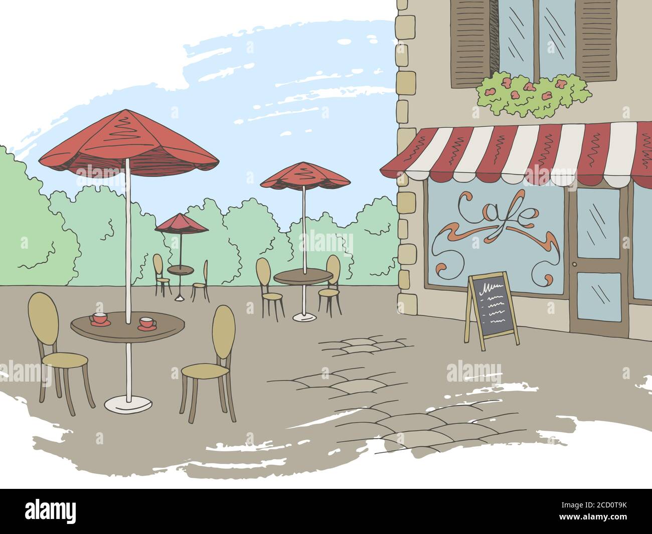 Street cafe graphic color exterior sketch illustration vector Stock ...