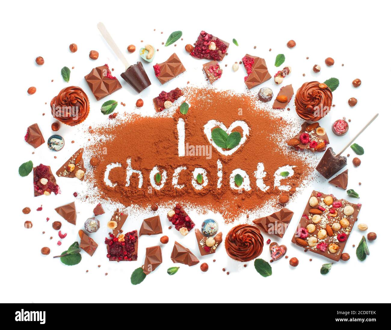 Words "I love Chocolate" on cocoa powder surrounded by pieces of milk ...