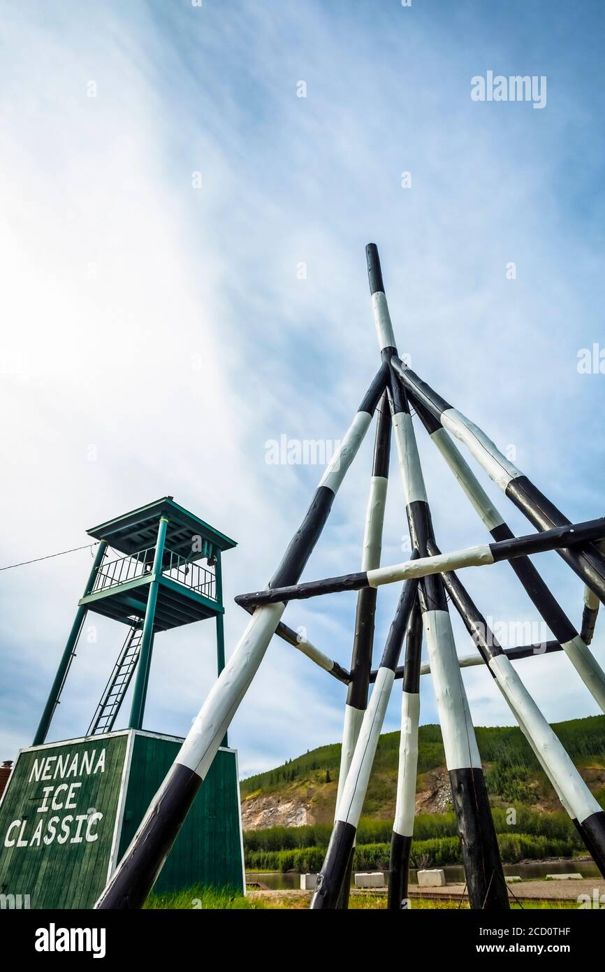 Display of Nenana Ice Classic tripod for 2016 and tower by Tanana River ...