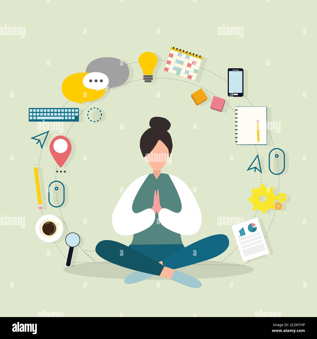 Woman Meditating Sitting Surrounded By Icons On Gray Background, Vector ...