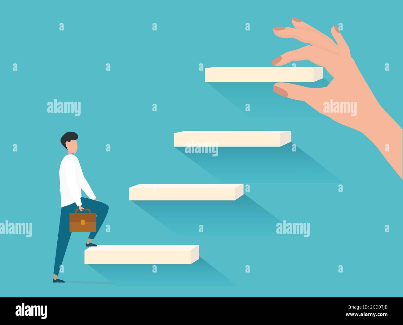 Man Walking Upstairs While Hand Putting Steps, Blue Background, Vector ...