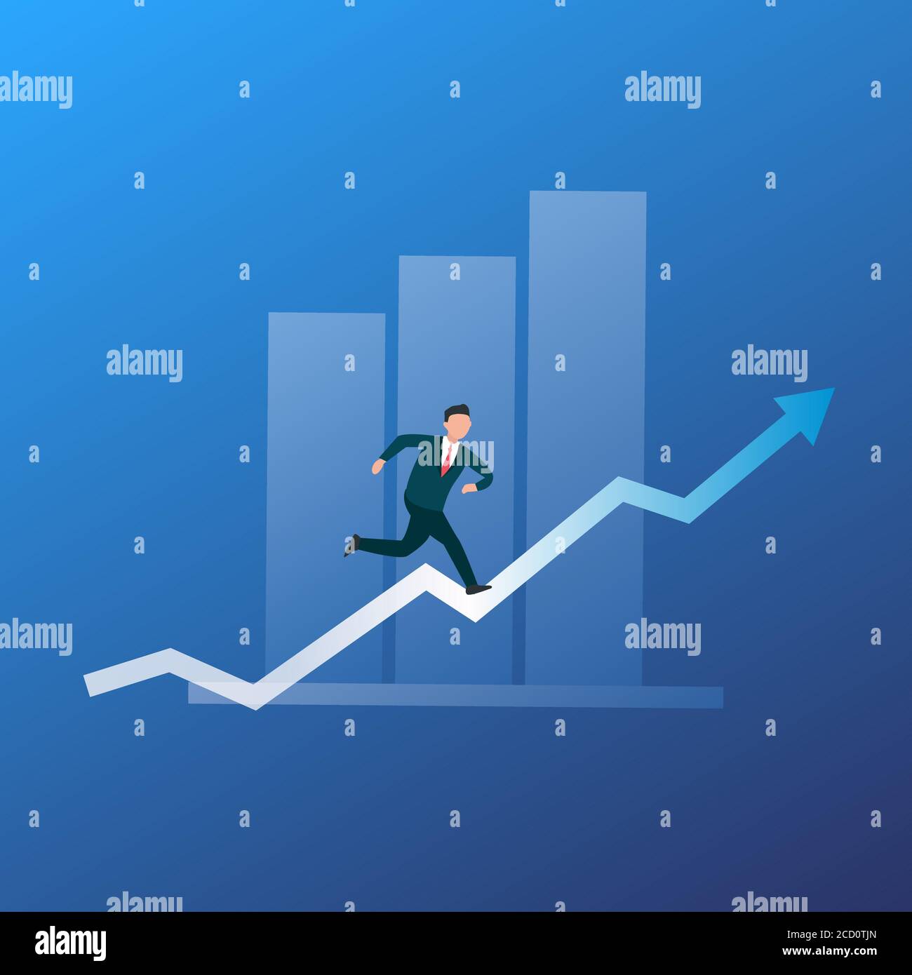 Businessman Running Up The Arrow Symbolizing Personal Development, Blue ...
