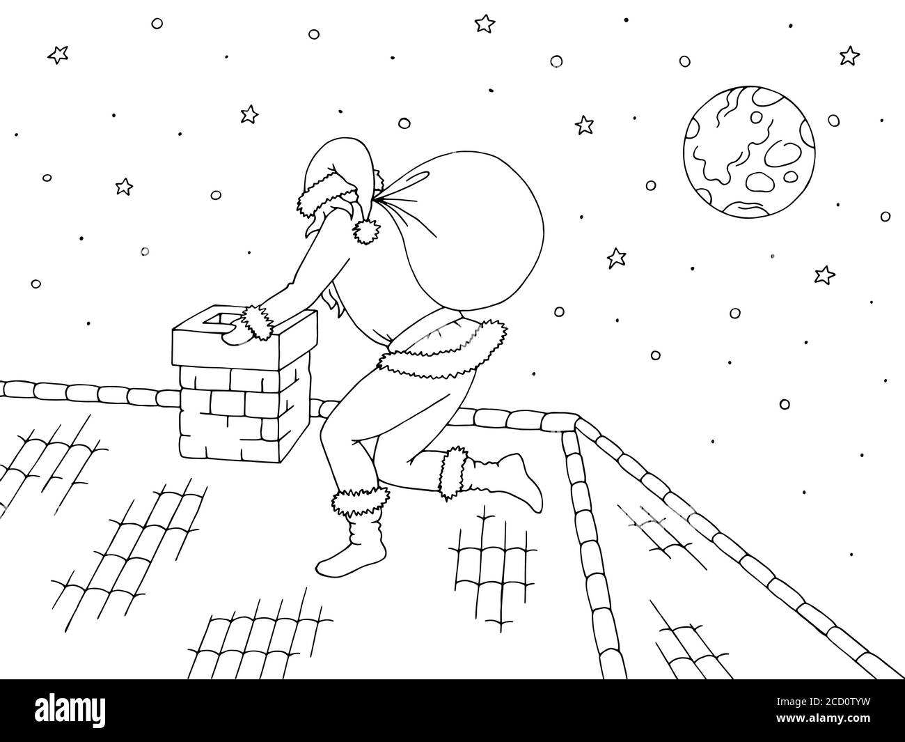 Roof graphic black white sketch illustration vector. Santa Claus climbs ...