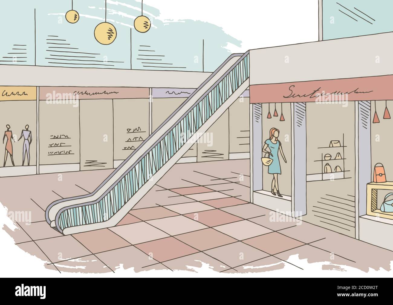 Shopping mall graphic color interior sketch illustration vector Stock ...