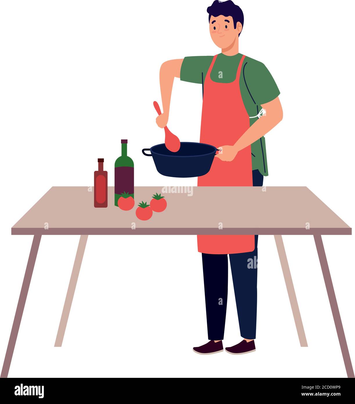 man cooking using apron with wooden table, in white background Stock ...
