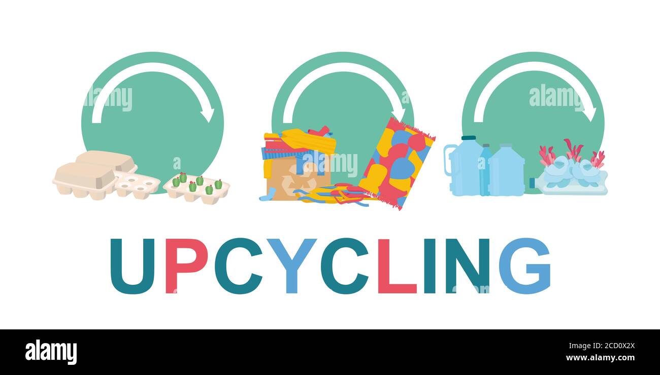 Waste reuse. Vector illustration with various materials for upcycling ...