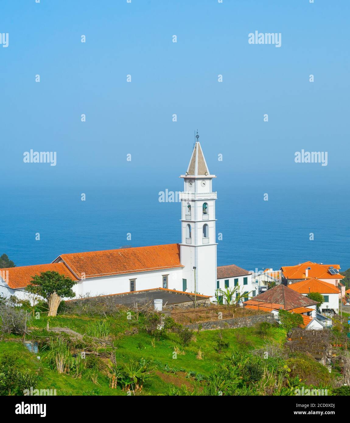 Landscape with village, church and ocean. Madeira island, Portugal ...