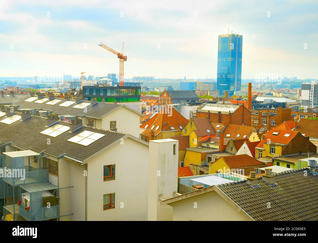 Skyline of Brussels with Old Town and construction site of modern ...