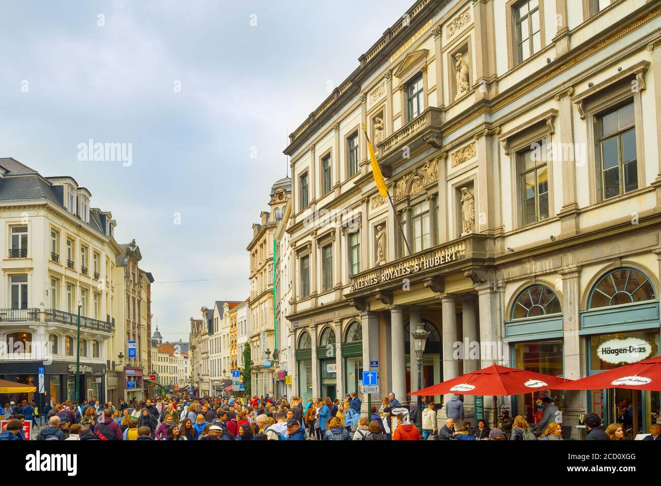 BRUSSELS, BELGIUM - OCTOBER 5, 2019: Crowd of people on Old Town street ...