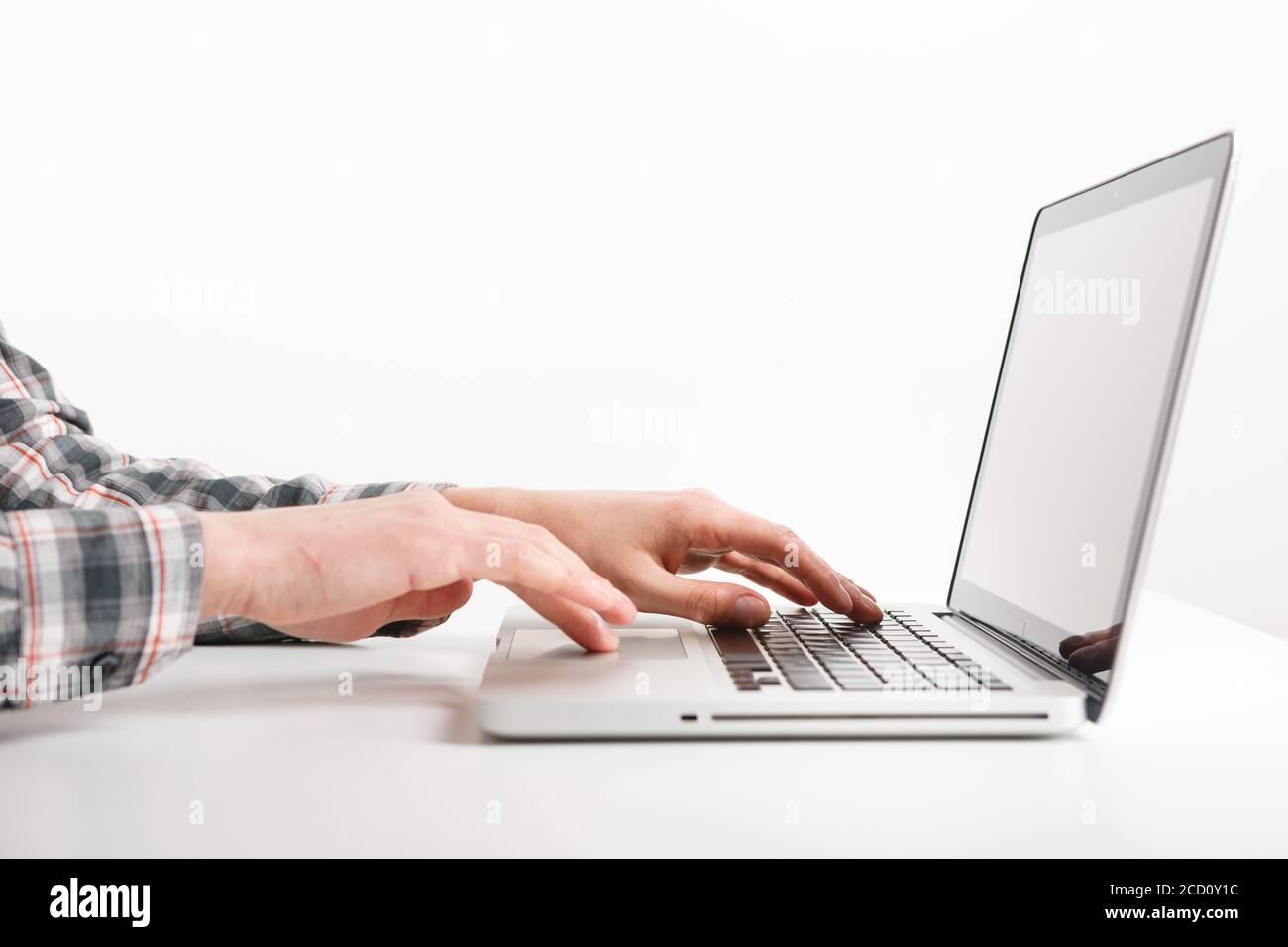 Laptop with man hand isolated on white background Stock Photo - Alamy