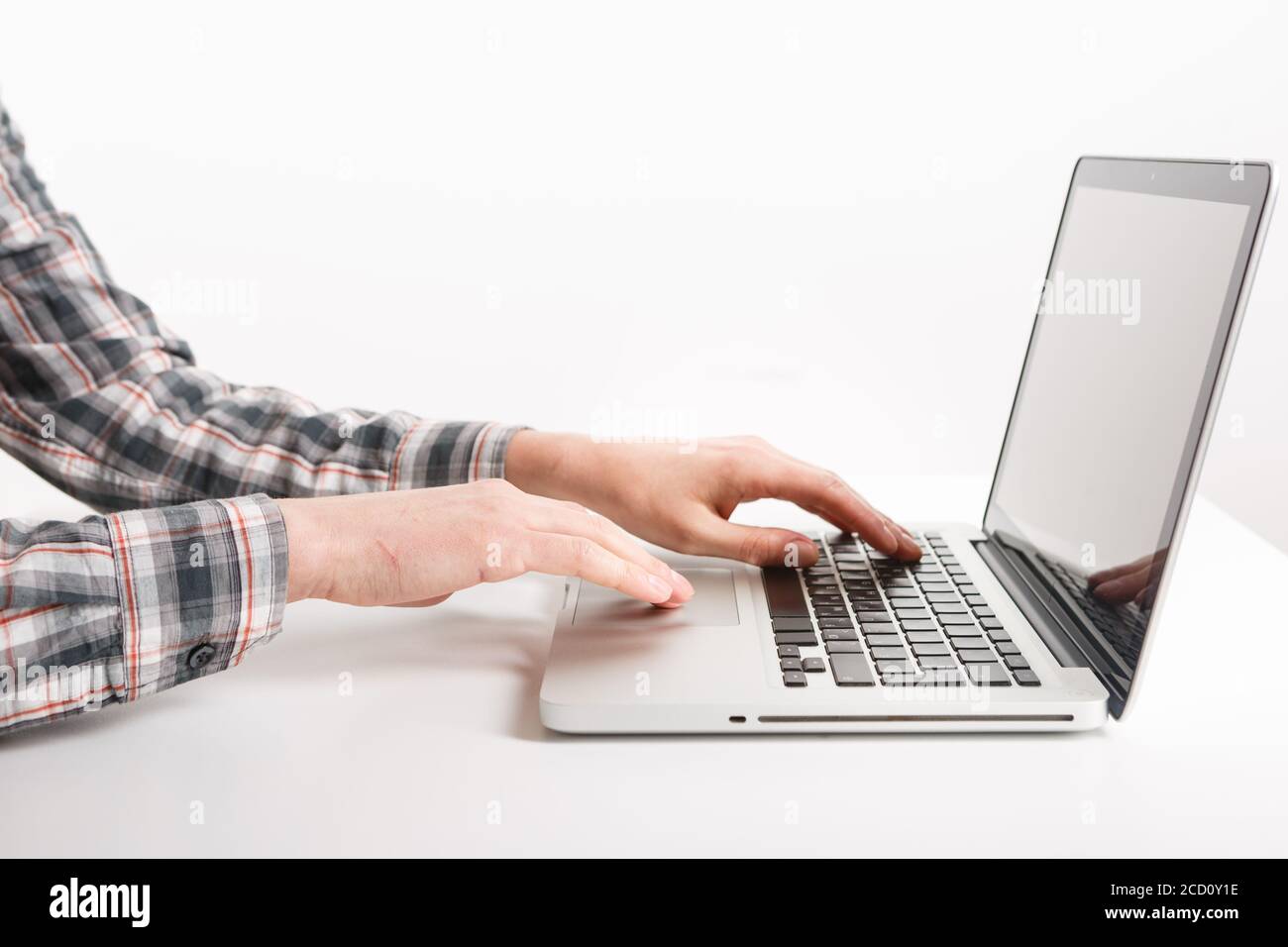 Laptop with man hand isolated on white background Stock Photo - Alamy