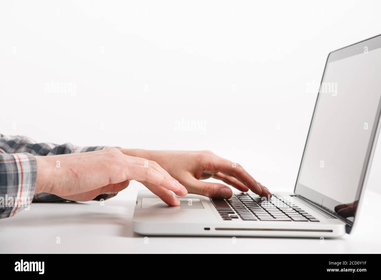 Laptop with man hand isolated on white background Stock Photo - Alamy