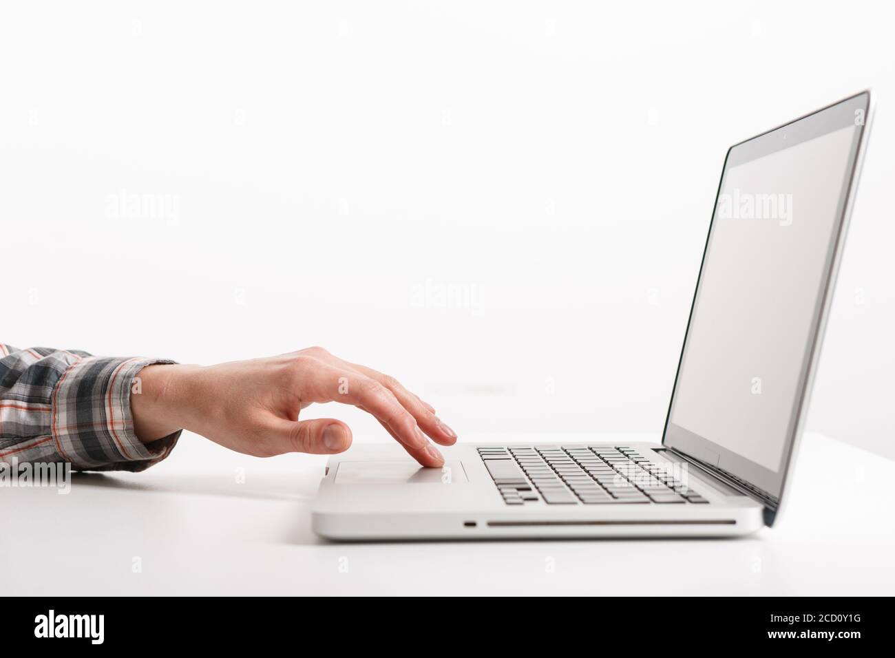 Laptop with man hand isolated on white background Stock Photo - Alamy