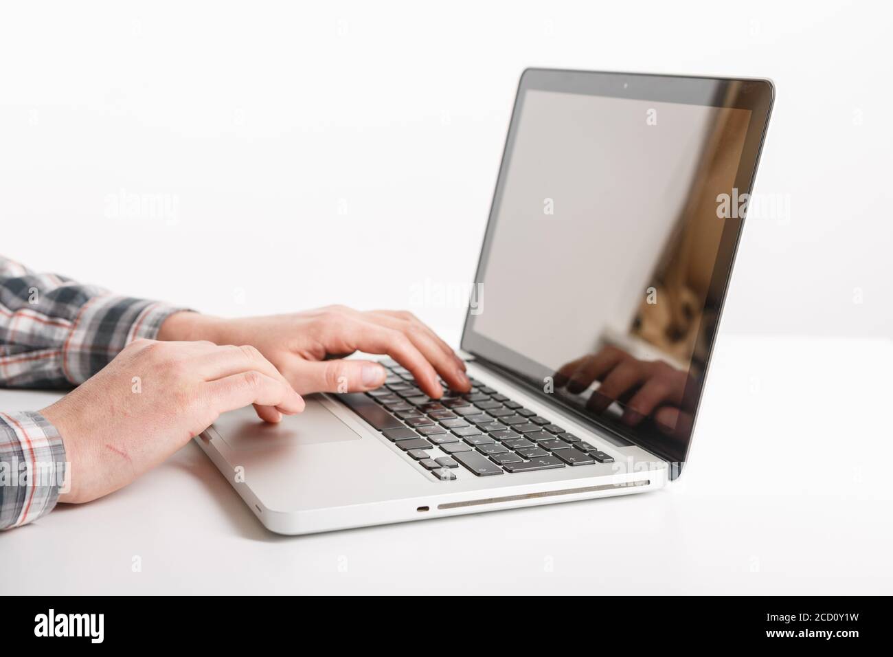 Laptop with man hand isolated on white background Stock Photo - Alamy