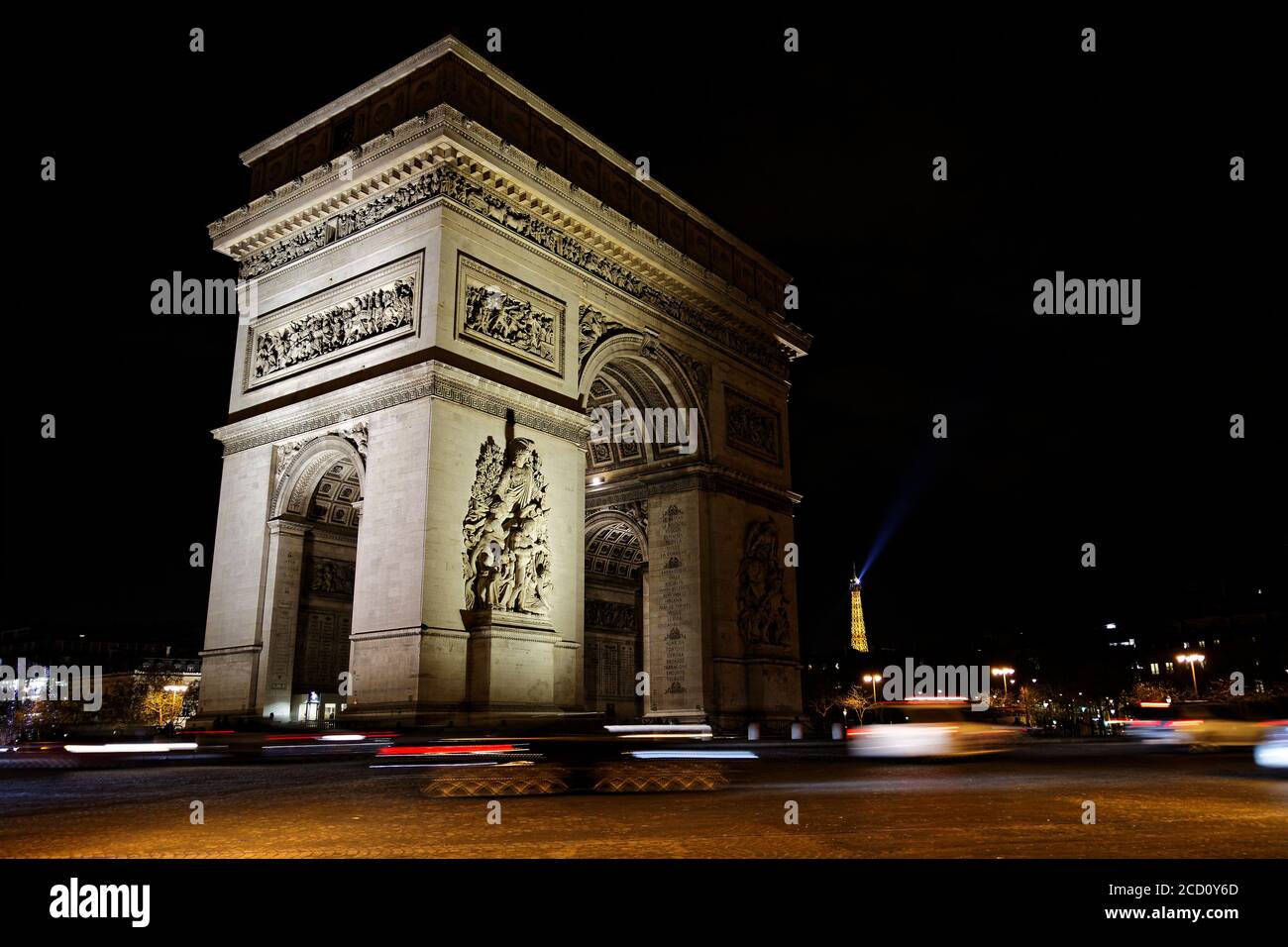 Arc de Triomphe, Paris city at night- Arch of Triumph, Champs Elysees and Eiffel tower in ...