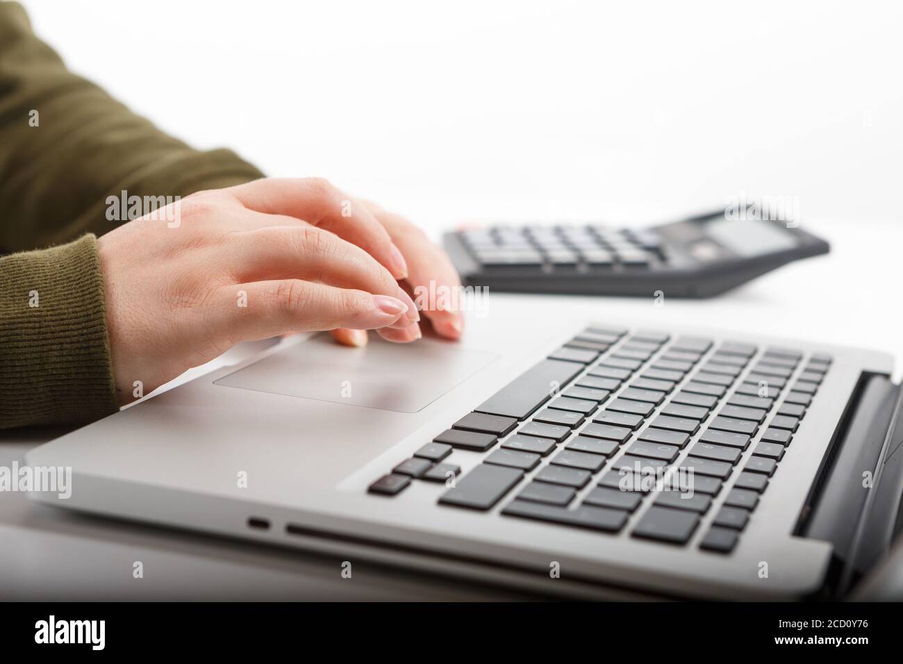 Laptop with woman hand isolated on white background Stock Photo - Alamy