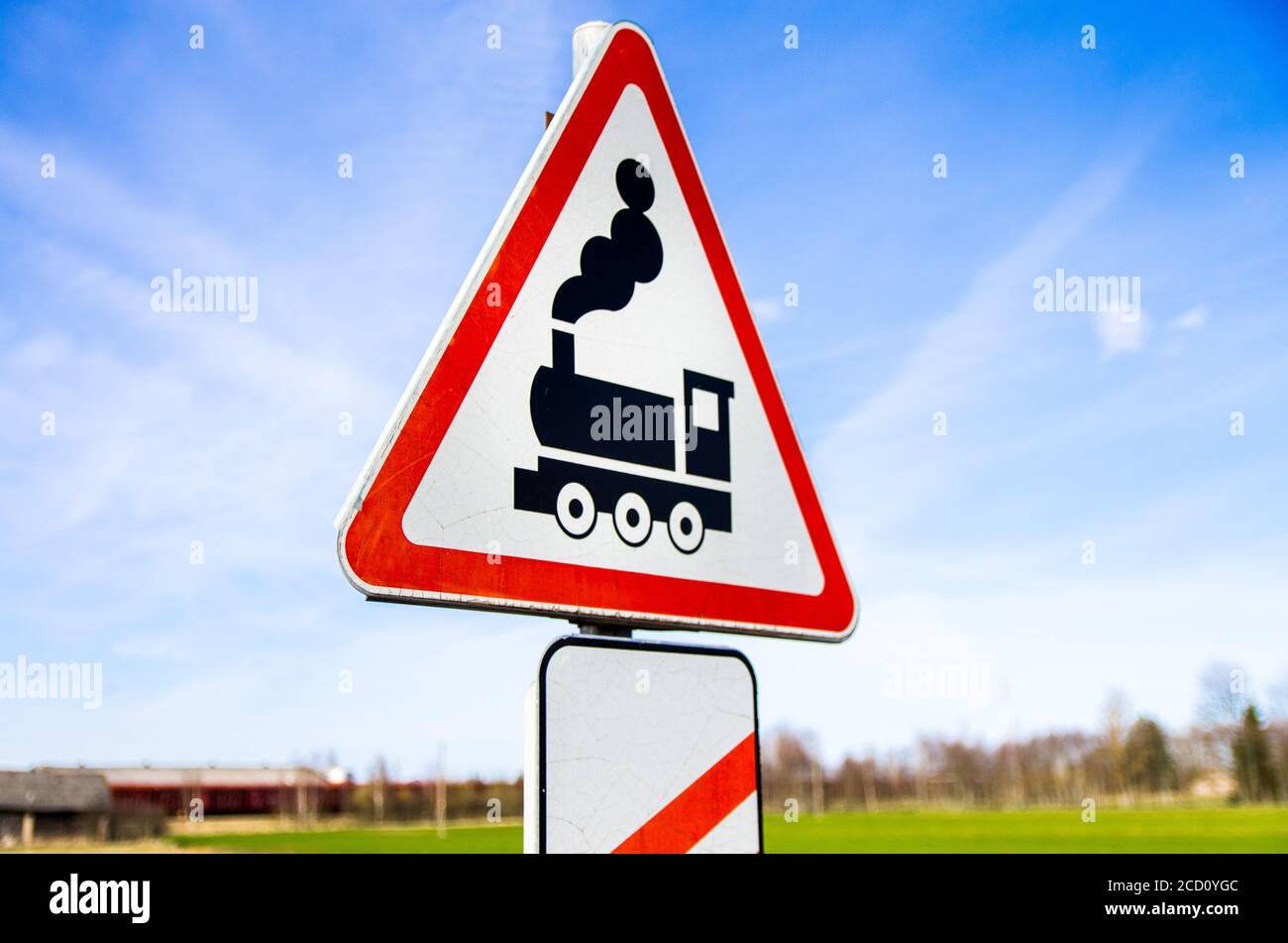 Railway track road sign Stock Photo - Alamy