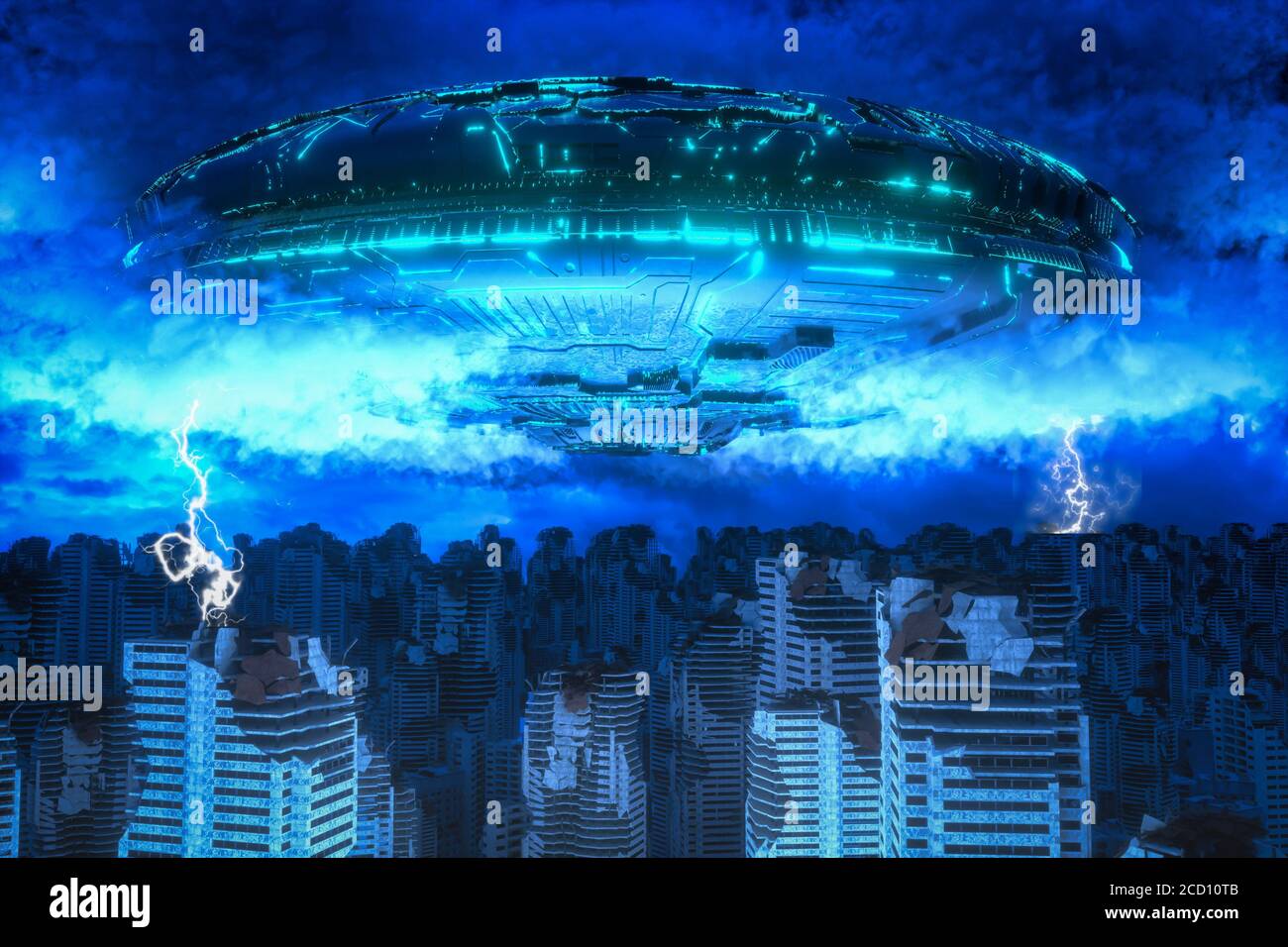 a UFO invasion in the middle of the city (3d rendering Stock Photo - Alamy