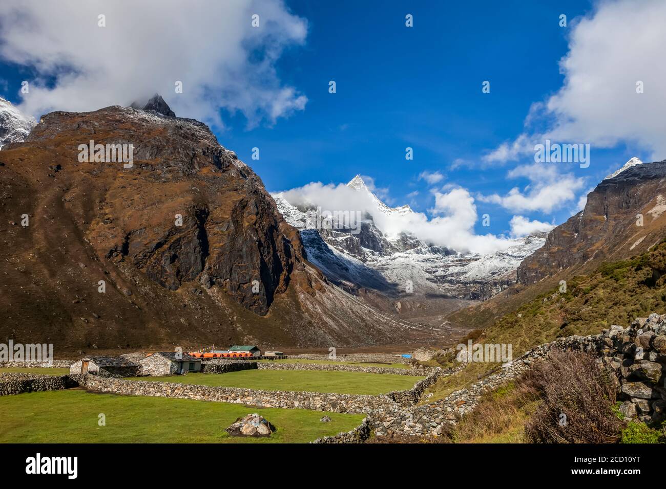 Farm fields divided by stone walls in a valley of the Himalayas; Nepal ...