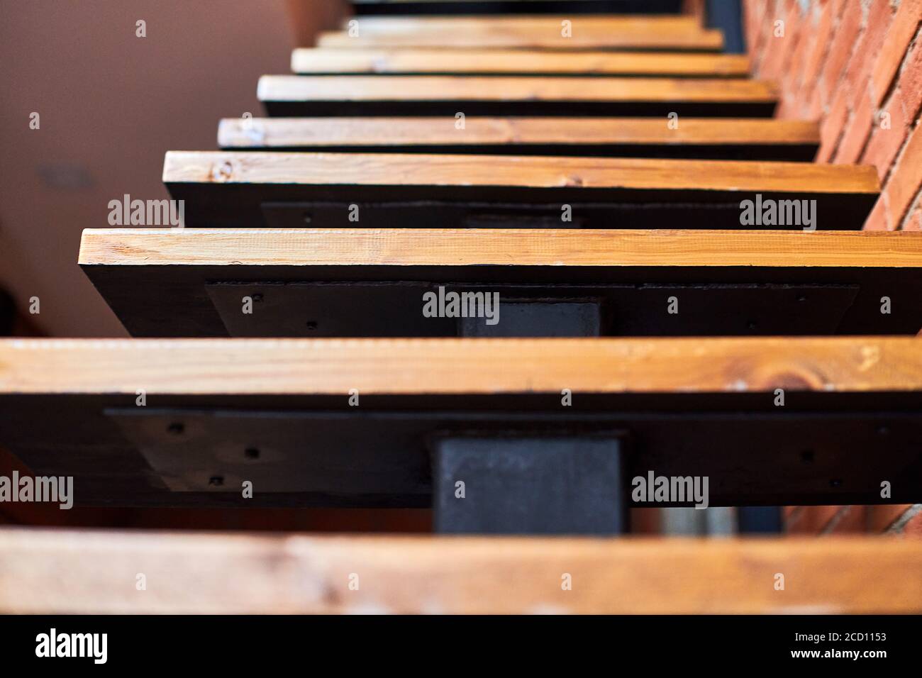 Stairs in loft apartment. Staircase without railing. Modern hipster ...