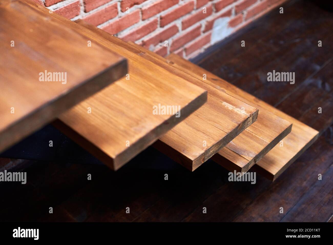 Stairs in loft apartment. Staircase without railing. Modern hipster ...
