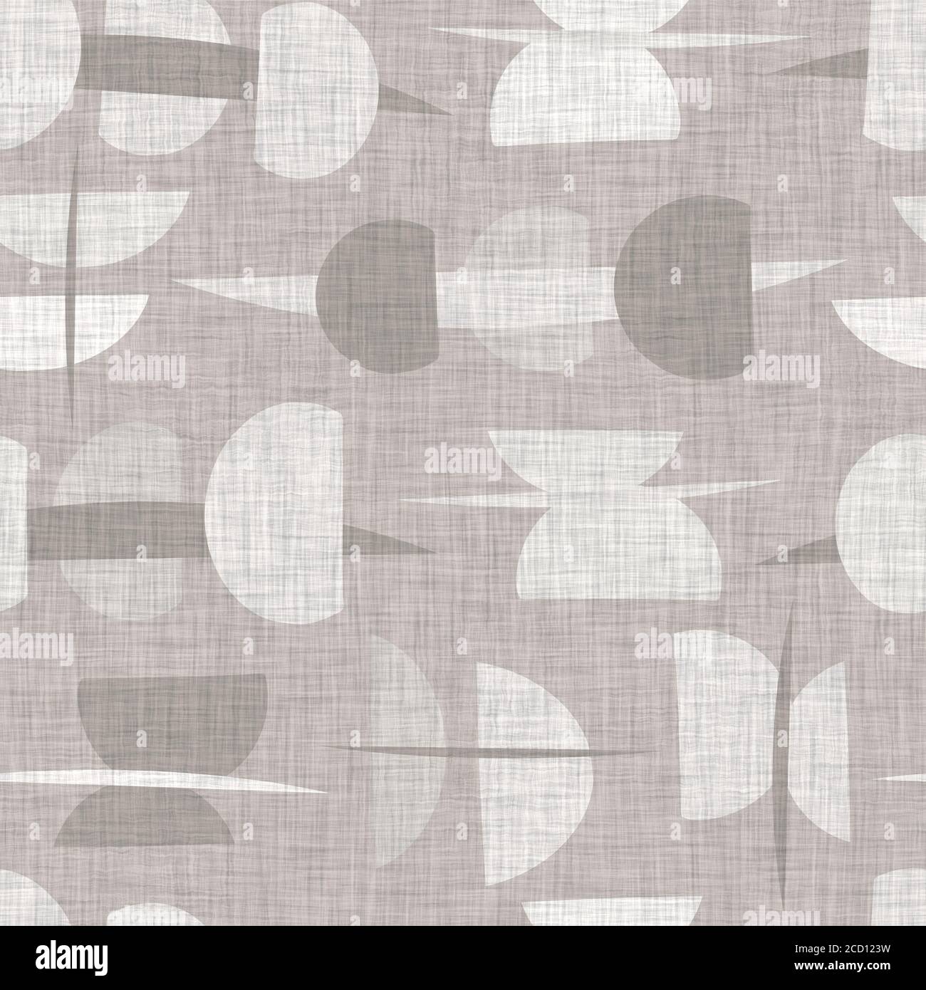 French woven linen texture geometric shape background. Old ecru flax grey geo motif seamless ...