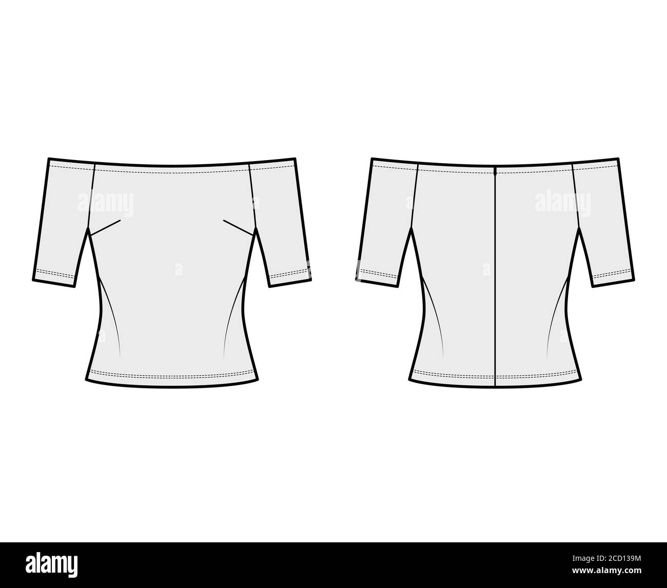 Off-the-shoulder top technical fashion illustration with close fit ...