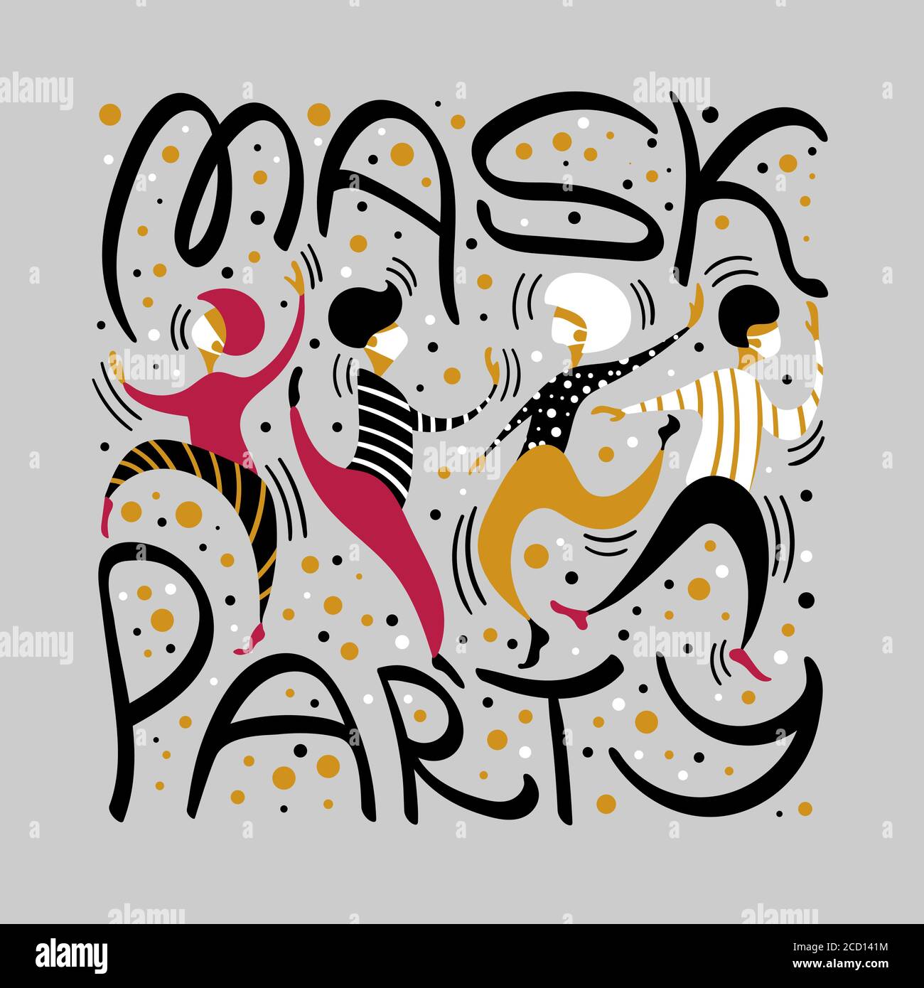 Mask party hand drawn concept. Dancing people with lettering. Pandemic ...