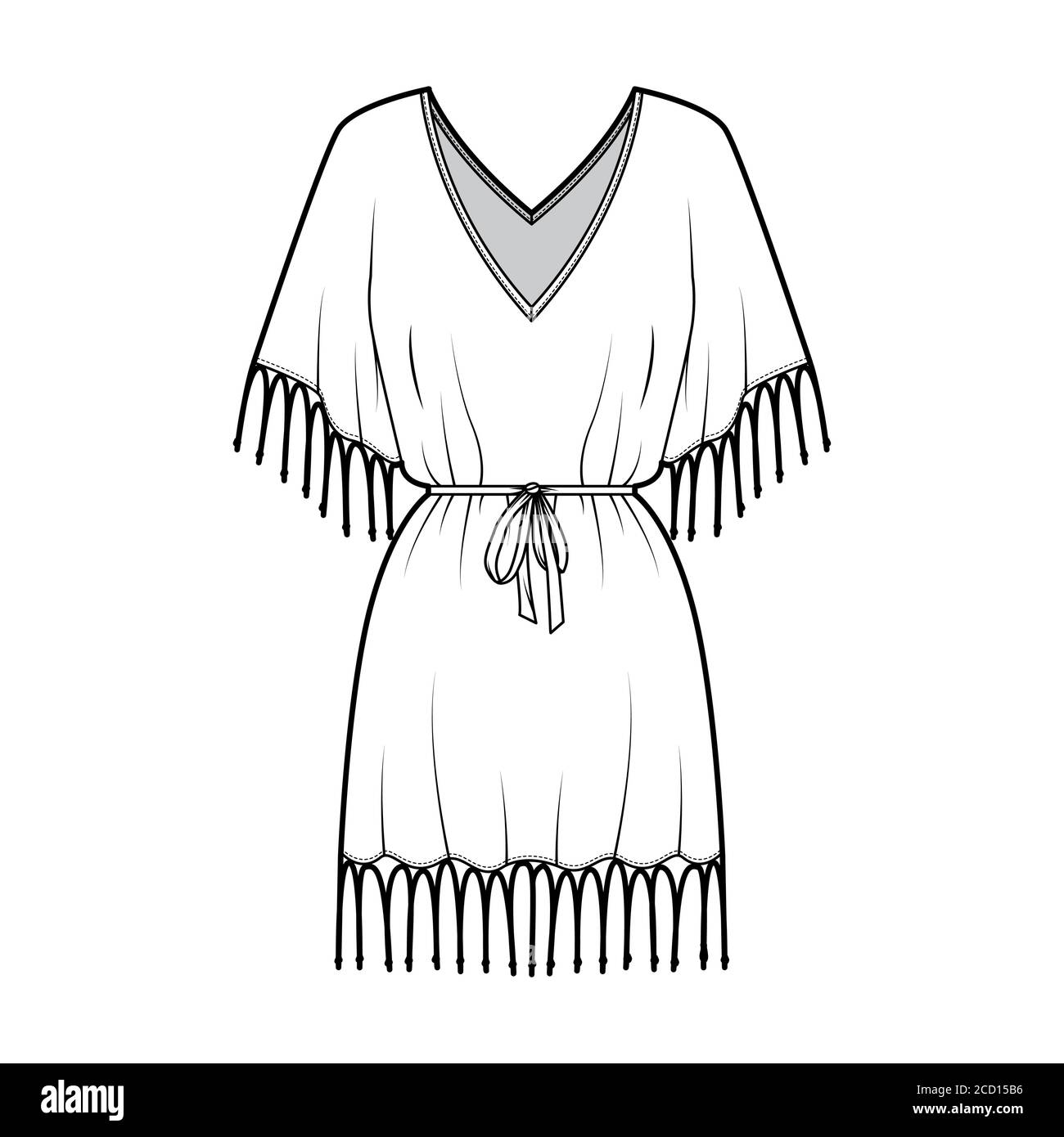 Fringed kaftan dress technical fashion illustration with deep V-neck ...