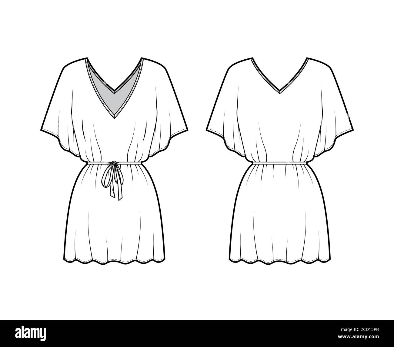 Kaftan dress technical fashion illustration with deep V-neck, belted ...