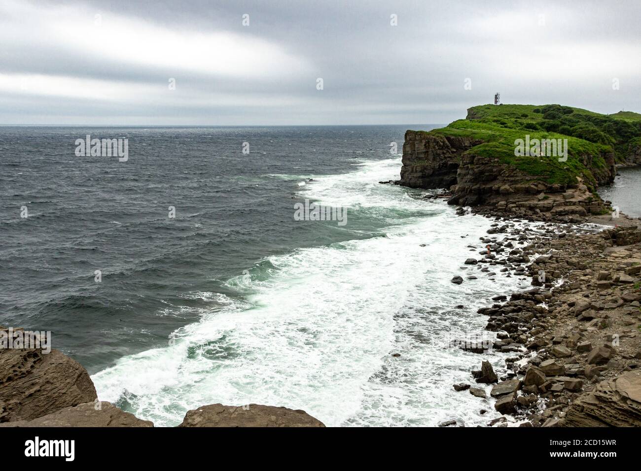 Cape Tobizin on the Russian island in Vladivostok during windy stormy ...