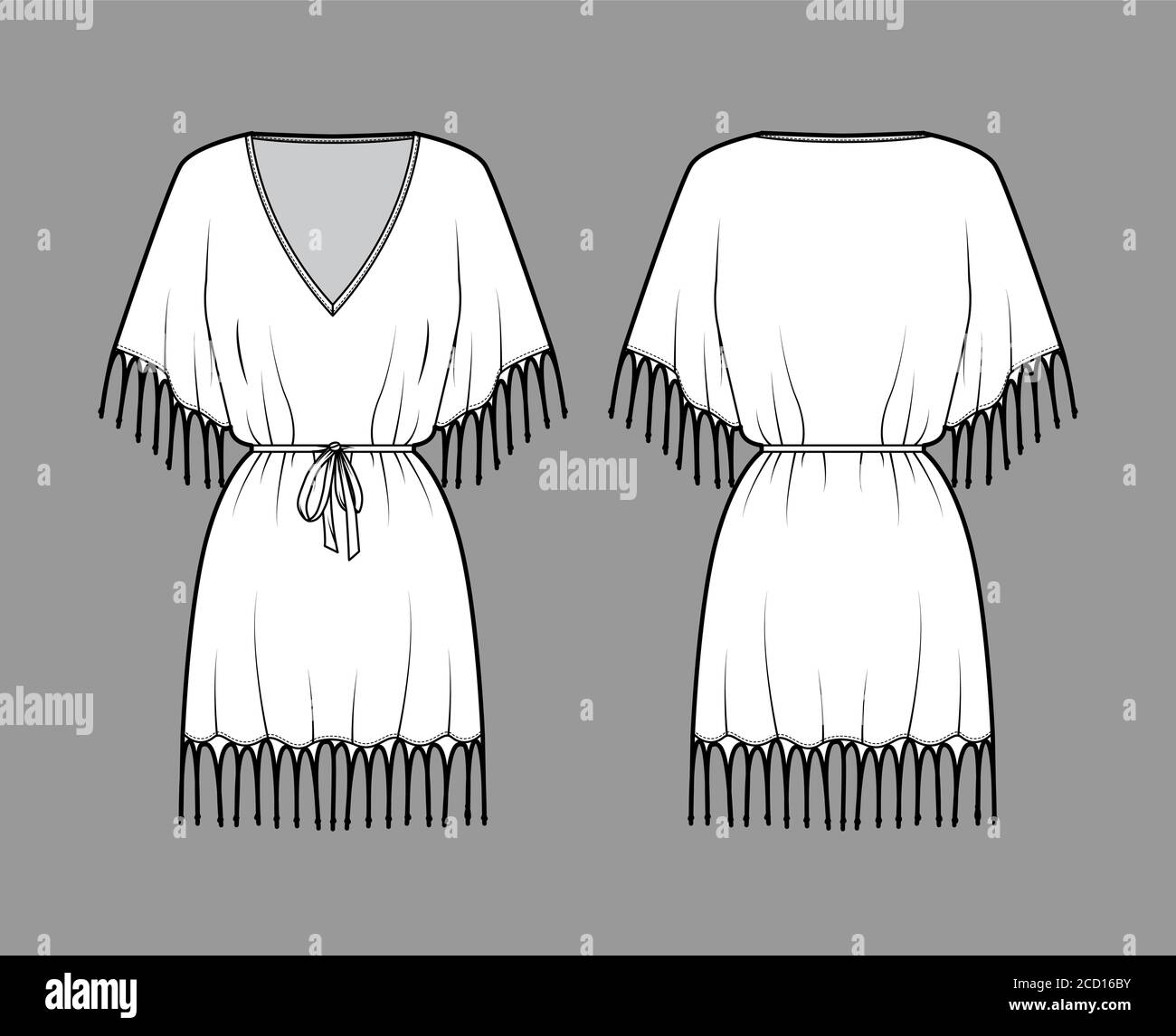 Fringed kaftan dress technical fashion illustration with deep V-neck ...