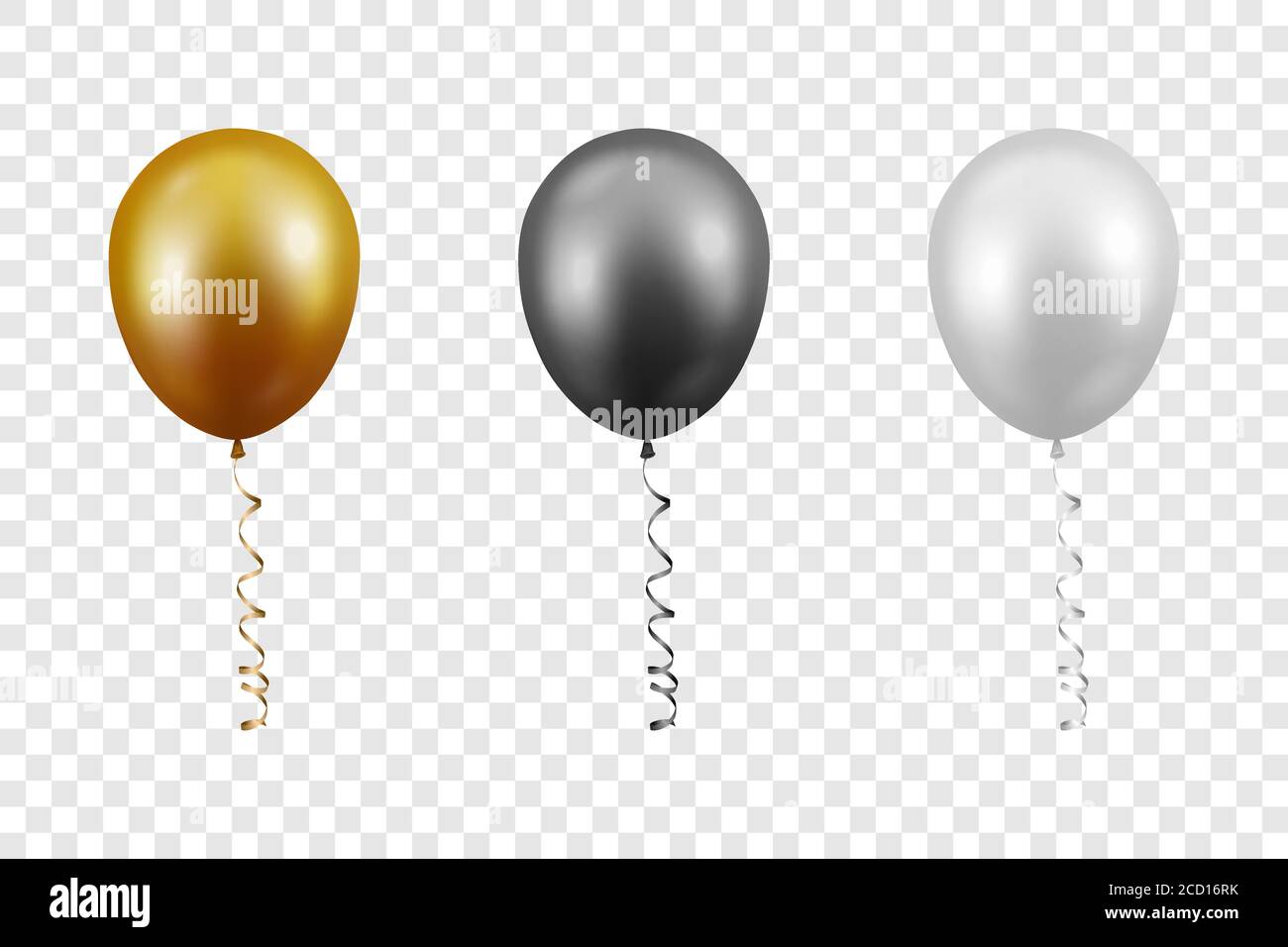 Vector 3d Realistic Metallic Golden Black White Balloon With Ribbon