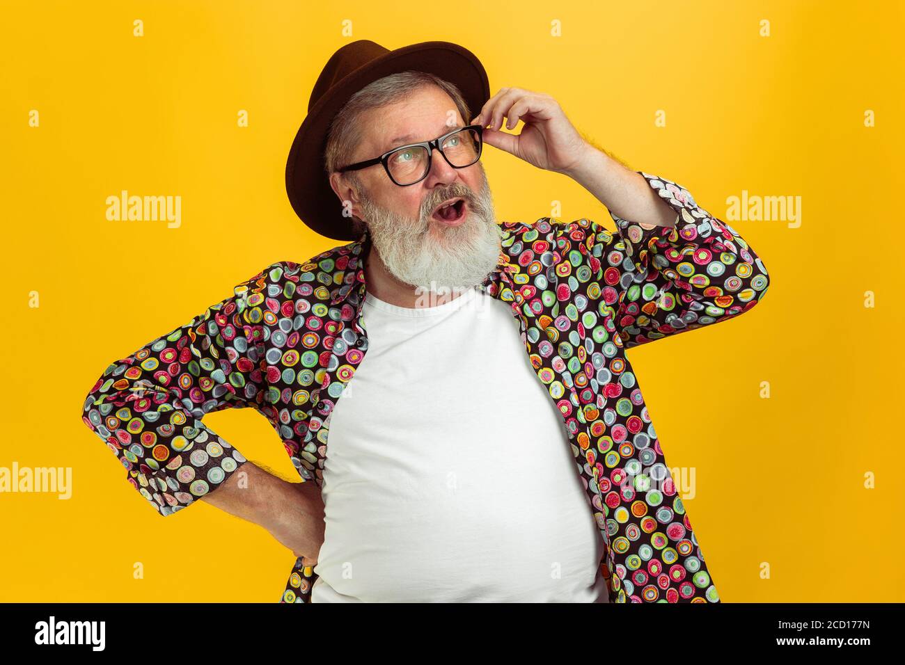 Self confidence. Portrait of senior hipster man in eyewear isolated on ...