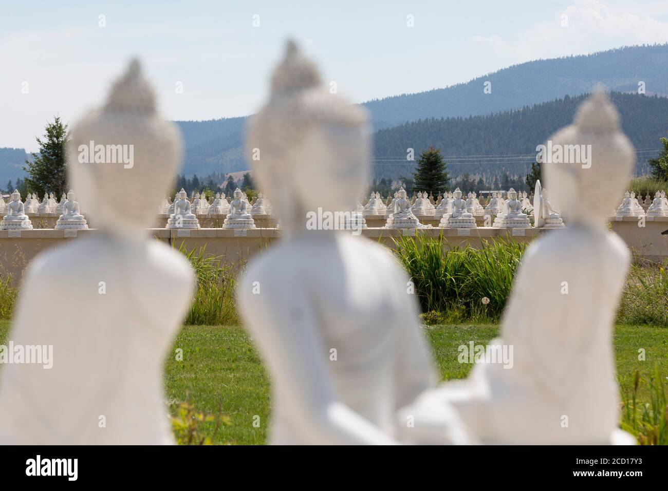 Rows of Buddha statues at the Garden of One Thousand Buddhas in Arlee ...