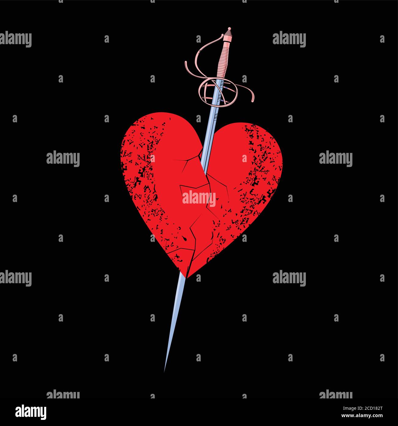 Vector illustration of a sword stuck in a red heart on a black ...