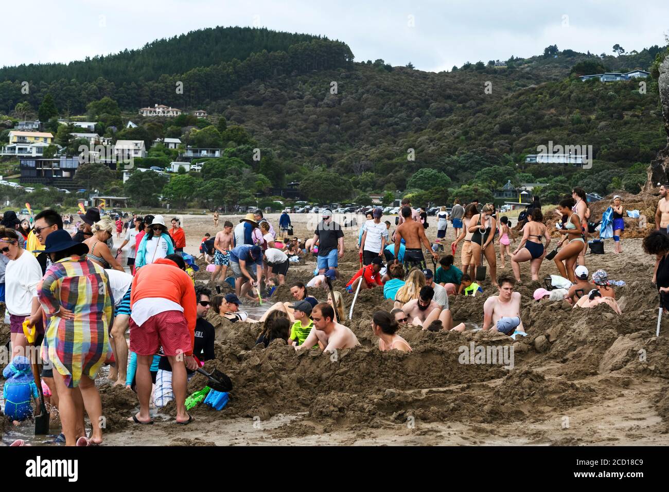 Tourists digging in sand at Hot Water Beach. An underground river of ...