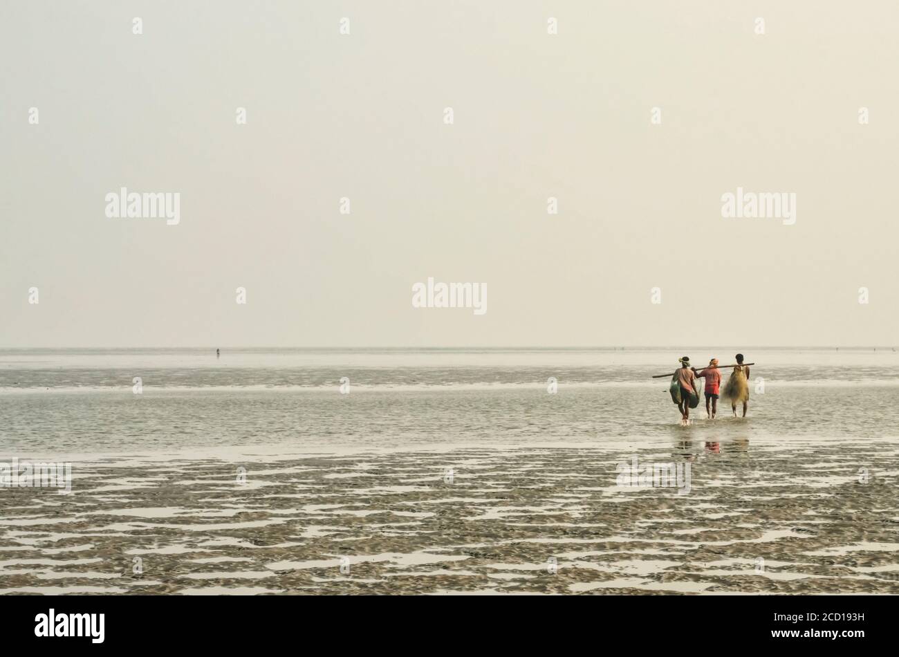 Fishermen carrying fishing nets on poles over the shoulder walking on ...