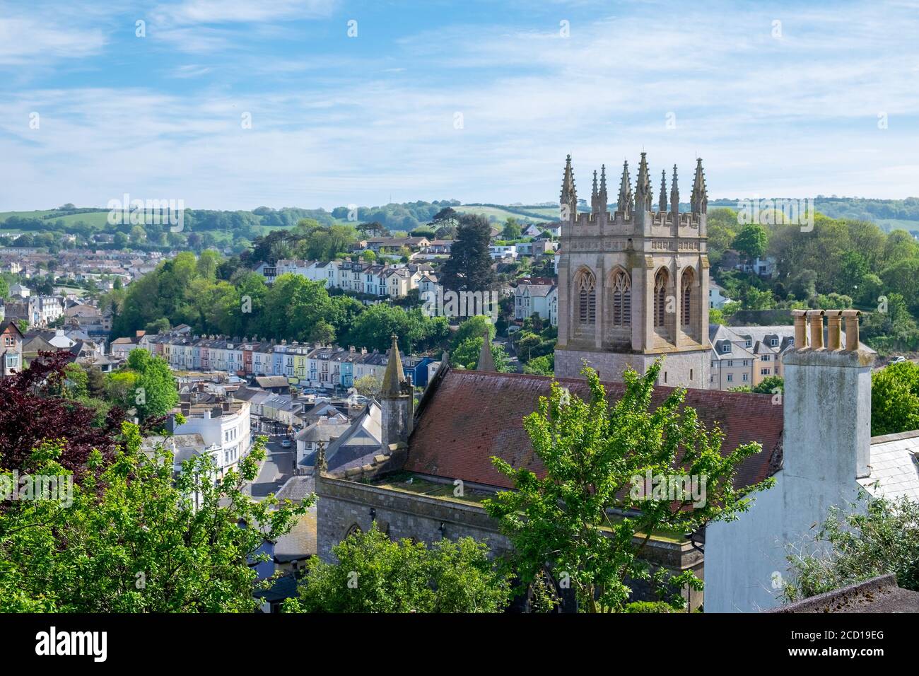 All Saint's Church and view over Brixham and Devon hills, Brixham ...