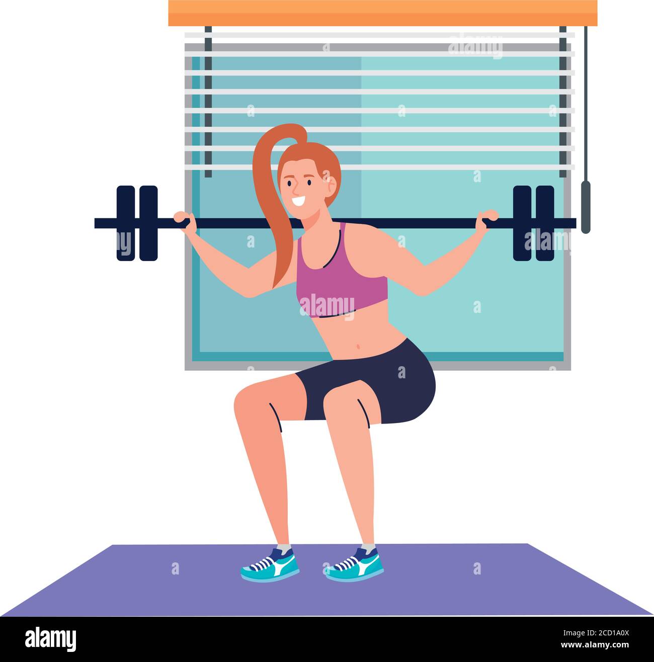 woman doing squats with weight bar in the house, sport recreation ...